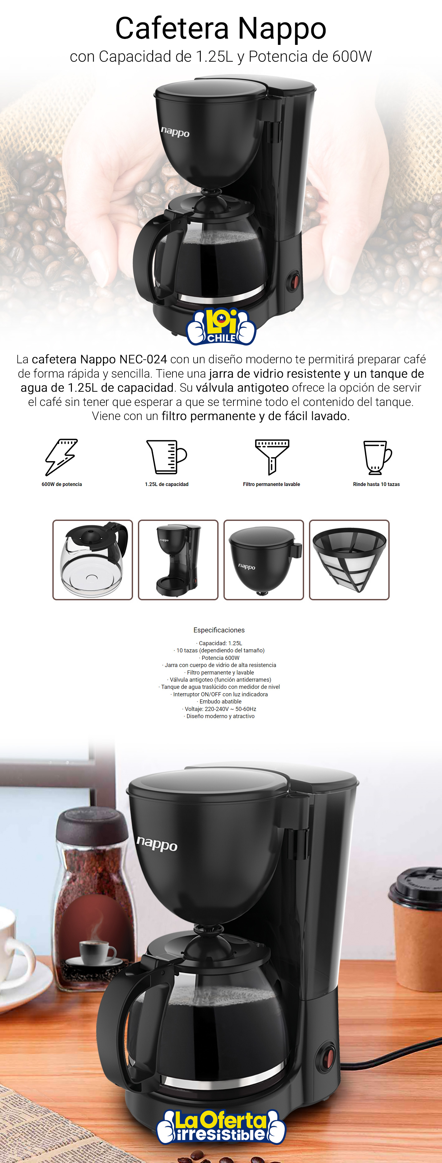 Ripley - CAFETERA NAPPO 1,25 LITROS JARRA DE VIDRIO FILTRO LAVABLE