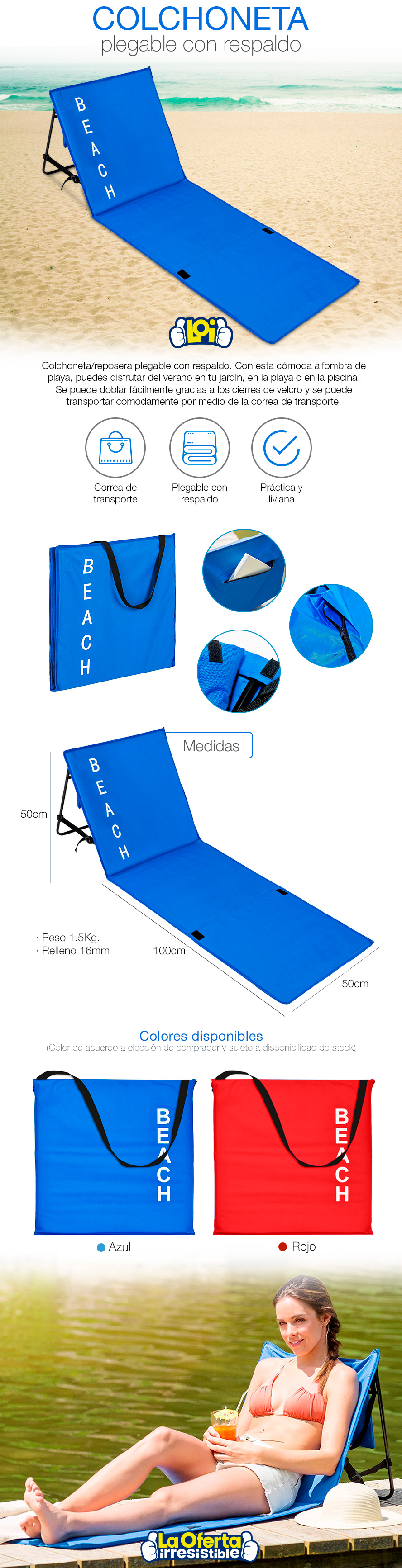 Reposera Colchoneta Plegable con Respaldo - Roja, oferta LOi.