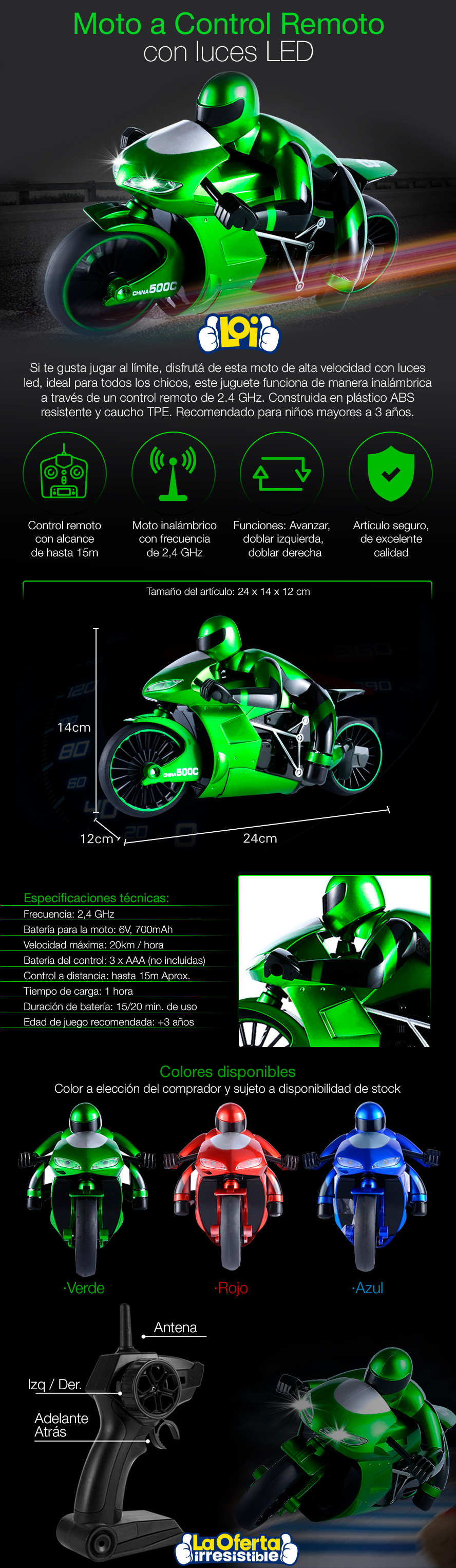 Moto a Control Remoto con Luces LED - Azul, oferta LOi.